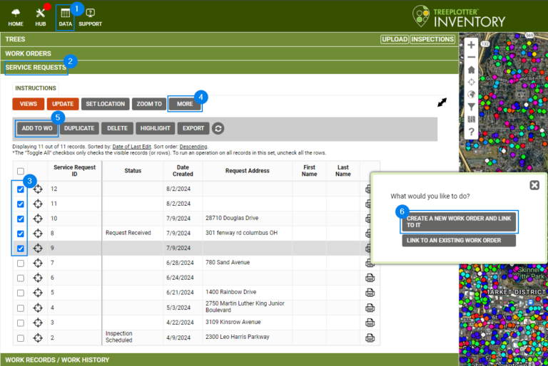 How To: Add a Work Order from the Service Requests Data Table – TreePlotter Support